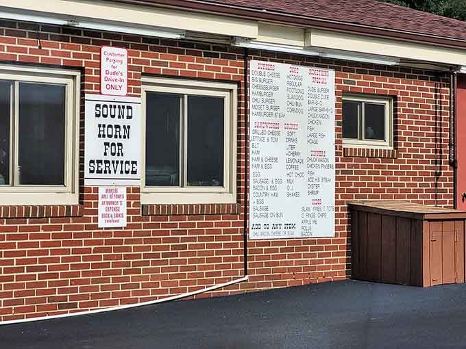 That "Sound Horn for Service" sign is your invitation to honk without judgment, possibly for the first time since driver's ed.