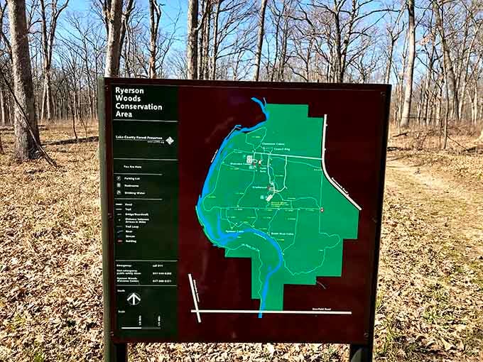 Trail maps help you navigate 550 acres of natural beauty without ending up accidentally hiking to Wisconsin.