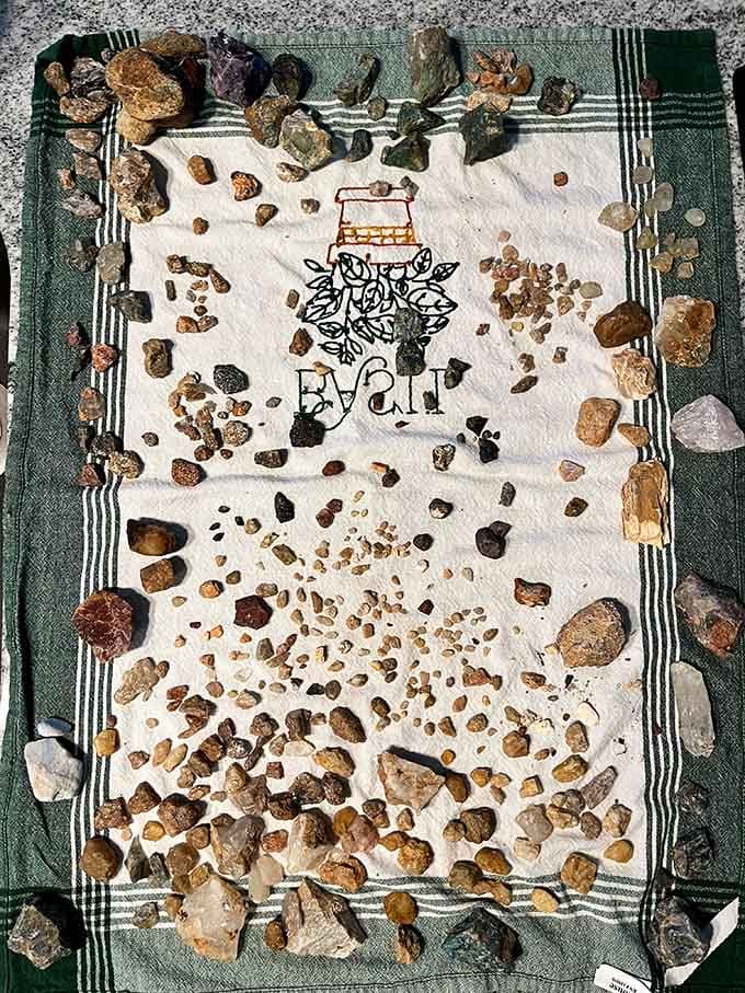 A day's worth of rough gemstones and minerals, spread out like nature's own greatest hits collection.