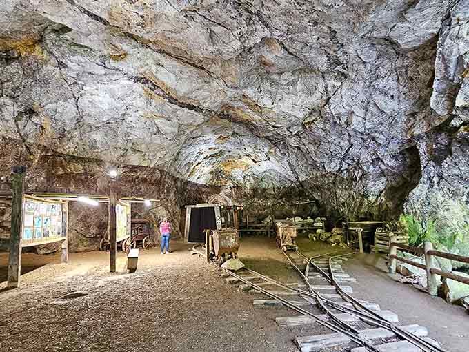 Old rail tracks, mine carts, and a ceiling carved by the earth itself. This is the real deal.
