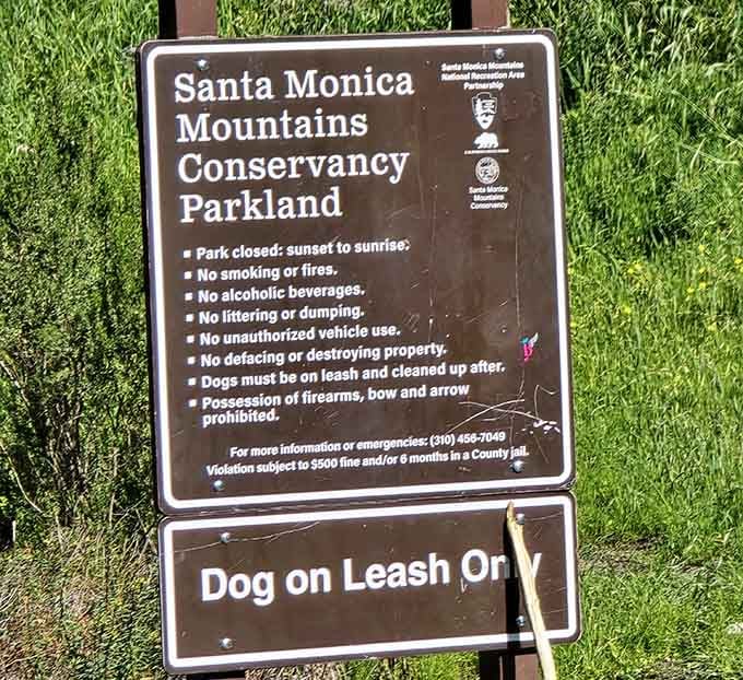 The Santa Monica Mountains Conservancy sign lays down the rules clearly, dogs welcome, bow and arrows are not.