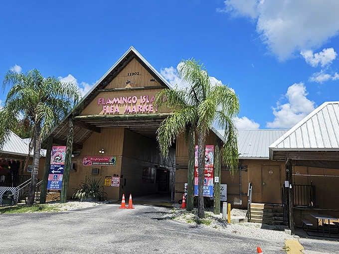 That wooden entrance says welcome, and it genuinely means it. Flamingo Island Flea Market keeps its promises.
