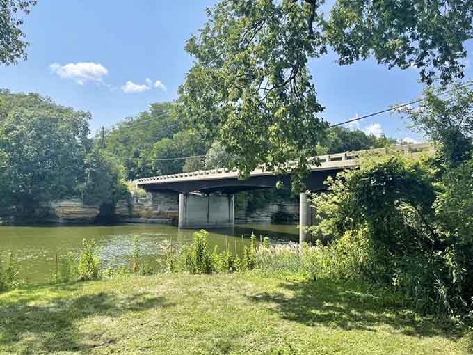 A concrete bridge frames the river valley perfectly, reminding you that Illinois has scenery worth stopping the car for.