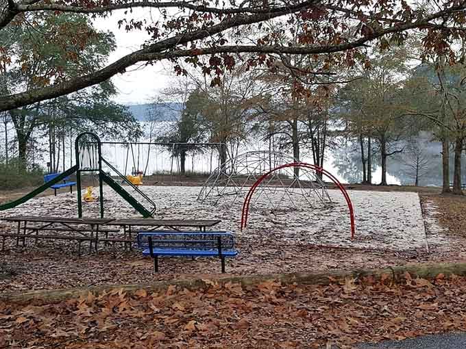 A playground with a lake backdrop means the kids get the view and the fun, and you get the memories.