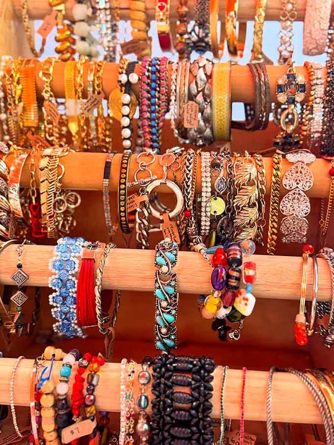 Rows of bracelets stacked like tiny wearable adventures, each one begging to become part of your personal story.