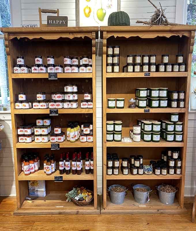 Shelves lined with locally made jams, jellies, and hot sauces, the kind of souvenirs you'll actually finish before leaving town.