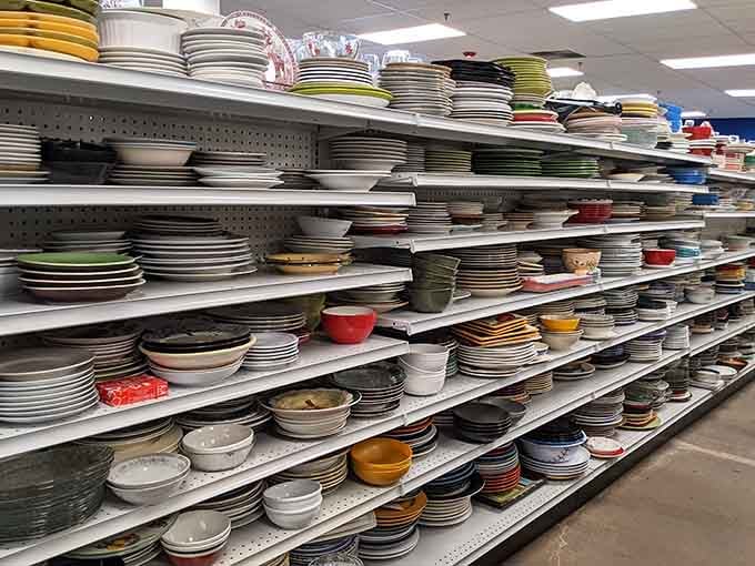 Stacks of plates in every color and pattern, because mismatched dinnerware is actually a personality trait.
