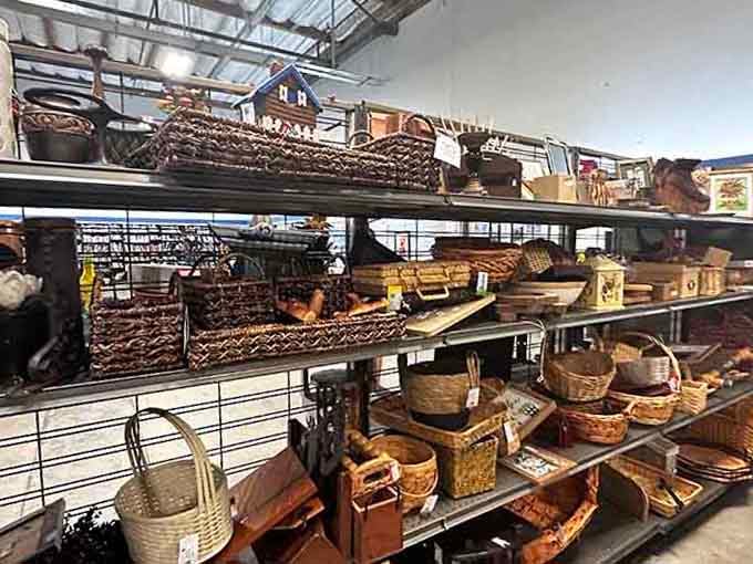 Woven baskets of every shape and size stacked high, the kind of organized charm that makes home decorators genuinely stop and stare.