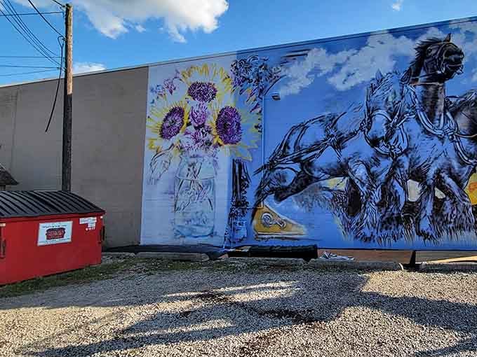 This mural of sunflowers and draft horses captures Grabill's soul in one stunning wall.