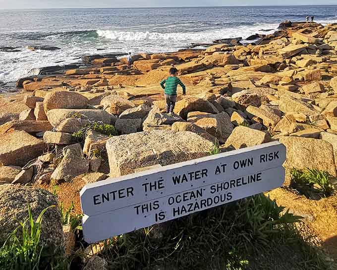 That warning sign isn't kidding around, folks. The ocean's beauty comes with real hazards, so admire respectfully from safe distances.