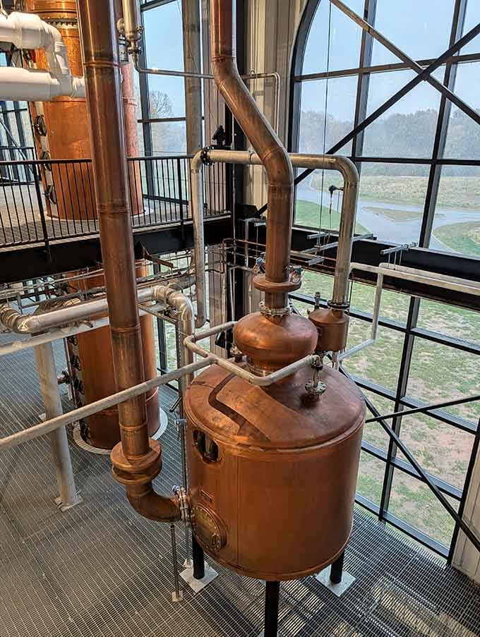 Gleaming copper pot stills catching the Kentucky light. Beautiful, functional, and somehow more photogenic than most people you know.