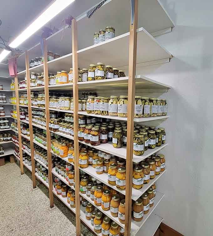 Floor-to-ceiling jars of pickles, preserves, and relishes lined up with military precision, proof that patience and a good recipe go a long way.