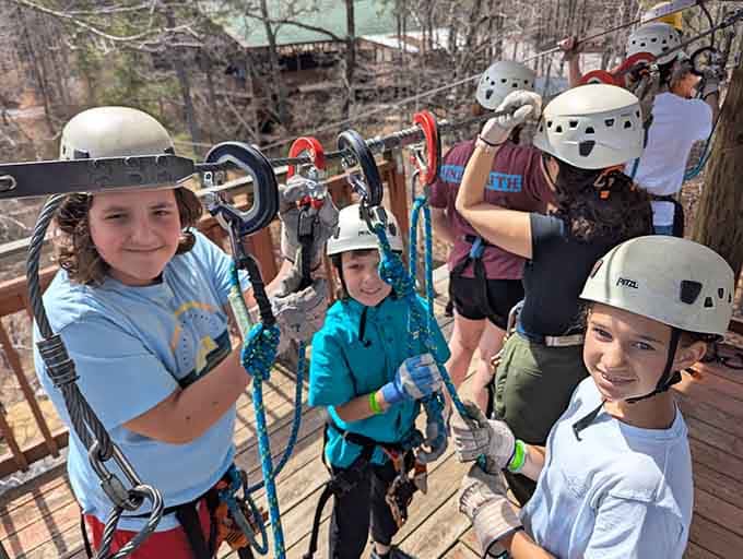Young adventurers geared up and grinning, proving courage comes in every size at Historic Banning Mills.