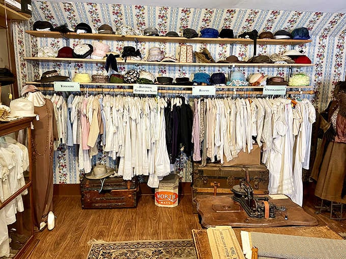 Hats, gowns, and underpinnings lined up neatly, because even on the frontier, people cared about looking sharp.