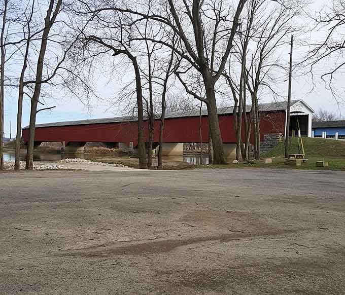 Even in the bare, quiet grip of winter, this red landmark commands every inch of the landscape around it.