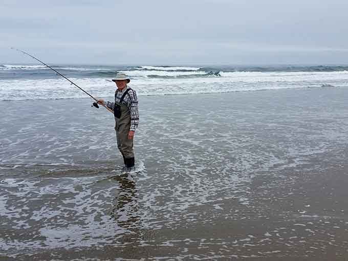 Surf fishing at Horsfall Beach, where patience meets the Pacific and the ocean always has the last word.