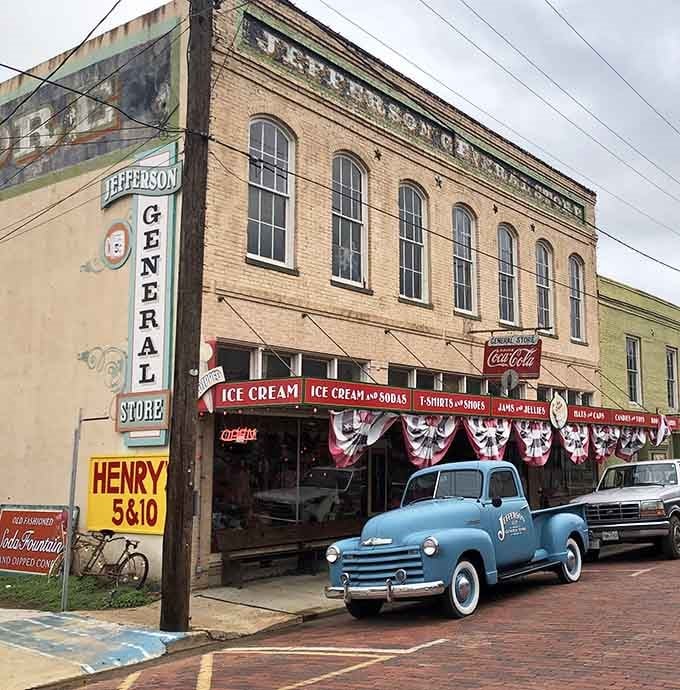 The Jefferson General Store is the kind of place where ice cream, sodas, and a vintage blue truck make perfect sense together.