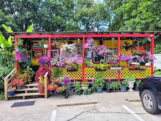 Those hanging flower baskets add unexpected charm to this roadside burger stand that clearly loves its customers.