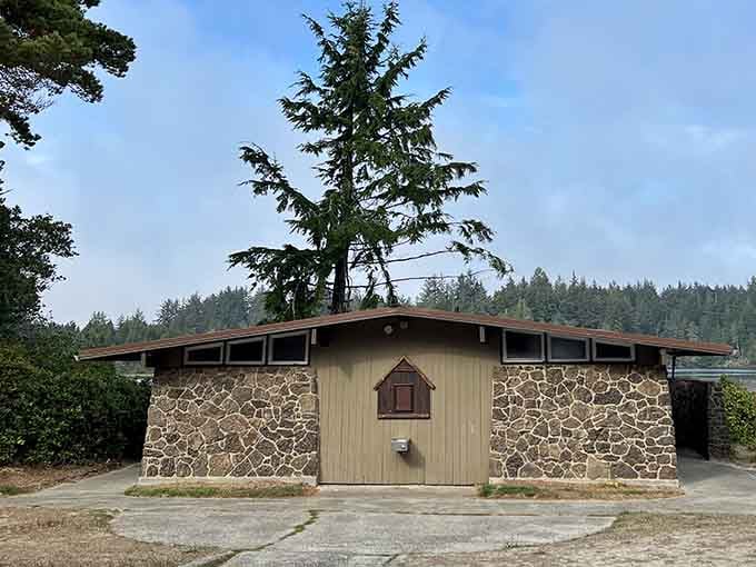 Solid stone construction, clean facilities, and a giant tree standing guard. Honeyman takes restrooms seriously.