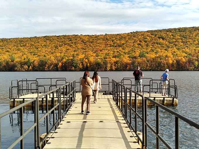 Mauch Chunk Lake in full autumn color is the kind of view that makes you forget your phone exists.