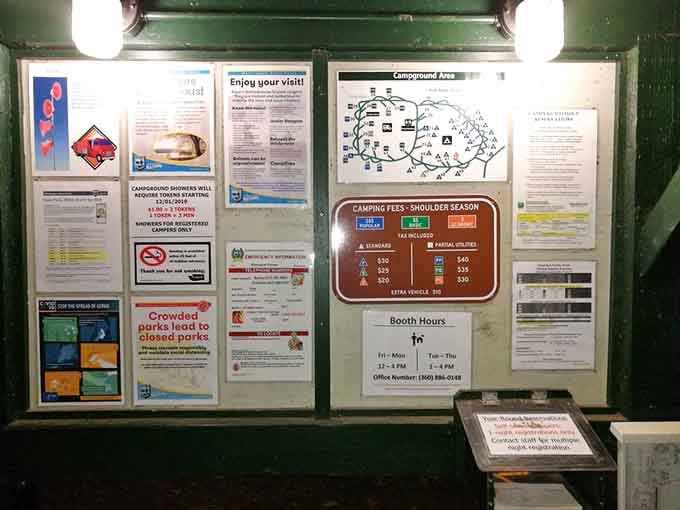 The information board at camp, where the fine print is actually worth reading before you do something adventurous and regrettable.