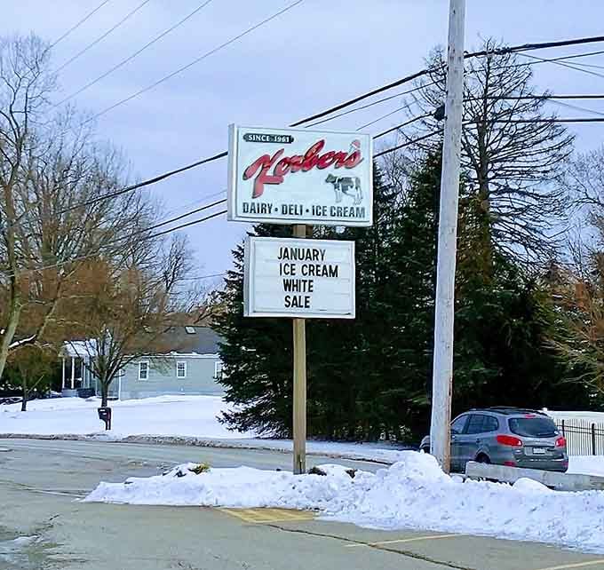 A sign that advertises a January ice cream white sale deserves a standing ovation for sheer personality alone.