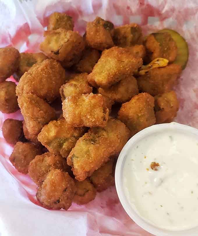 Golden fried okra piled high with a cool dipping sauce, because Missouri doesn't do anything halfway.