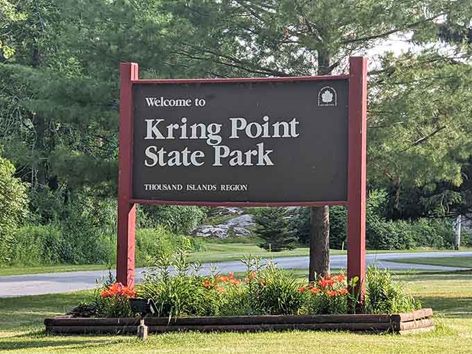 The entrance sign says "Welcome to Kring Point State Park, Thousand Islands Region," and your shoulders immediately drop two inches in relief.