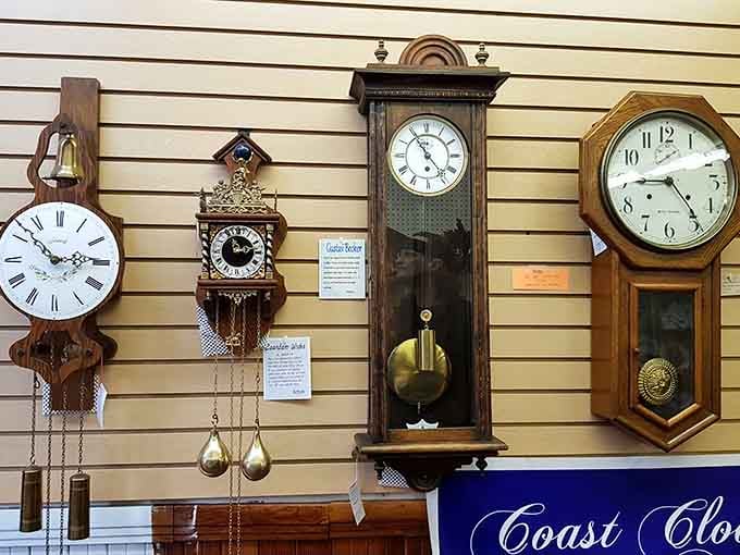 Four vintage clocks on one wall, each keeping its own time, none of them in any hurry.