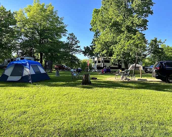 Tents and RVs sharing a sunny green campground under big shade trees, roughing it has rarely looked this comfortable.