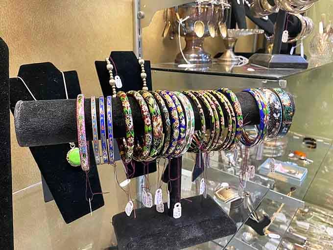 Rows of cloisonn&eacute; bangles stacked high, colorful and intricate, proof that beautiful jewelry has always been timeless.