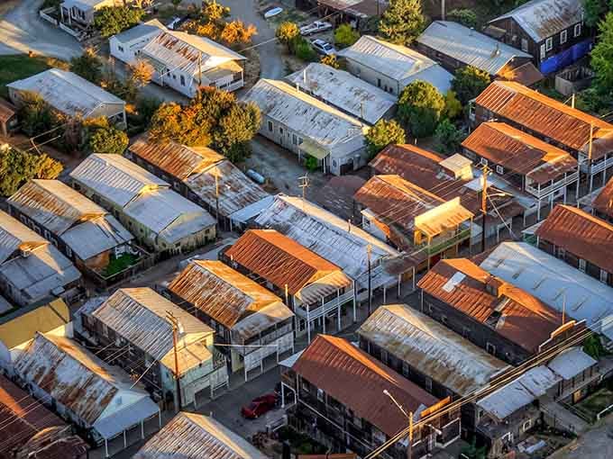 From above, Locke looks like a perfectly preserved secret, rust-colored rooftops glowing in the Delta sunset.