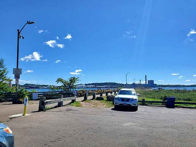 The parking area provides easy access to waterfront adventures, no hiking boots or survival skills required here.
