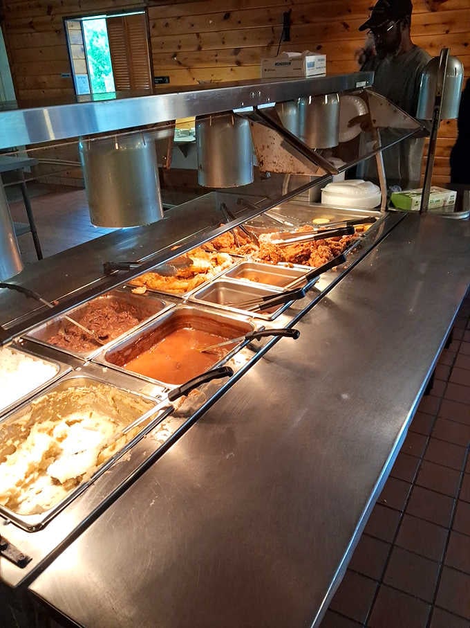 The buffet line stretches out with fried chicken, mashed potatoes, and more, a Southern spread that means serious business.