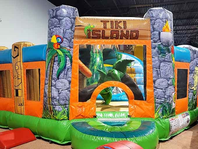 Tiki Island's colorful inflatable entrance is so cheerful and inviting, even the parrot looks genuinely thrilled to see you.