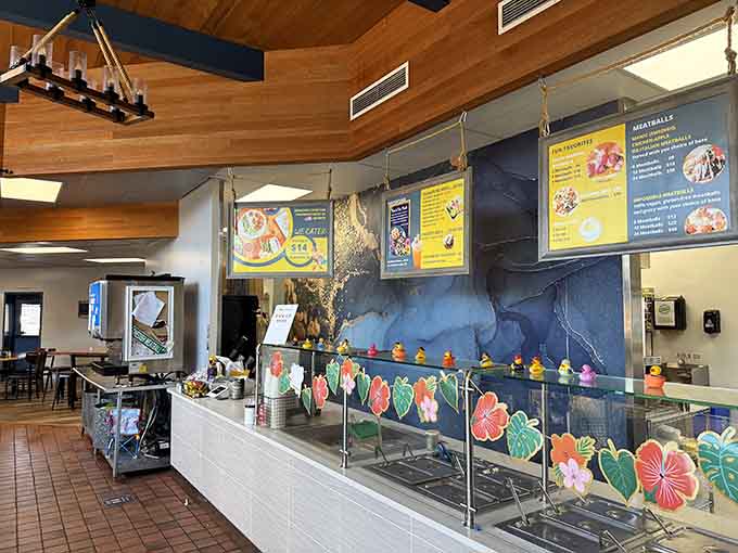 The service counter lined with cheerful rubber ducks and tropical flowers. Manic Meatballs doesn't take itself too seriously, and that's wonderful.