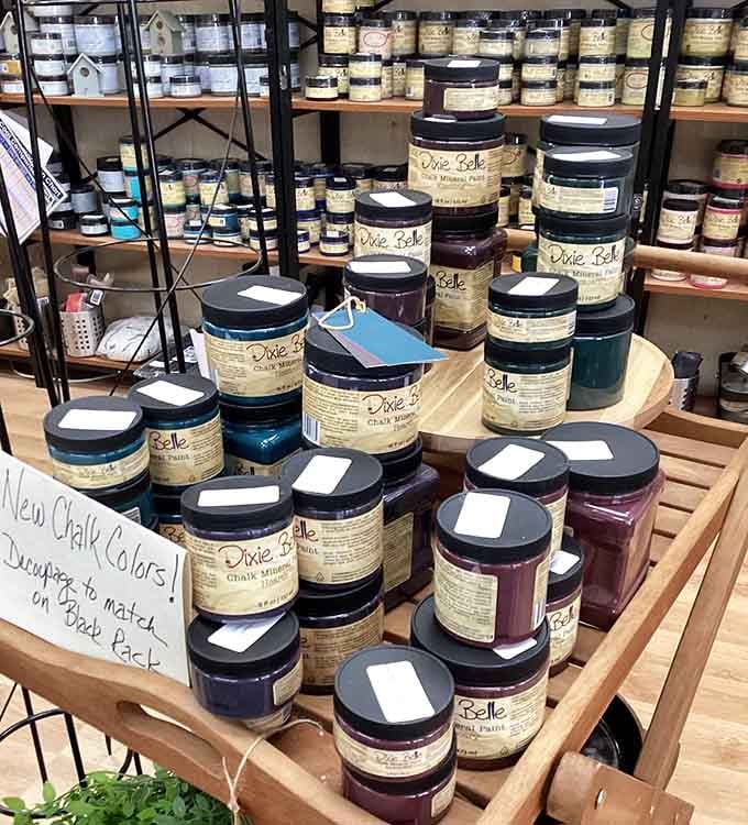Rows of Dixie Belle chalk mineral paint in rich, deep colors, perfect for your next furniture makeover project.