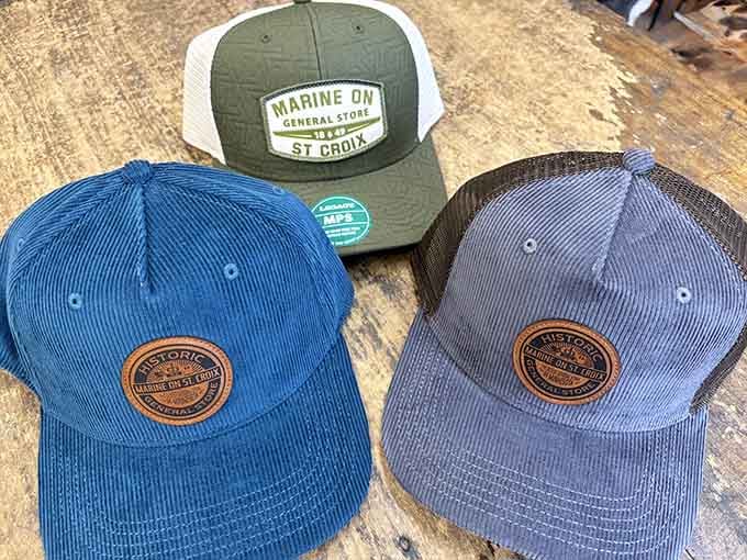 Corduroy caps and trucker hats branded with Marine on St. Croix. Wear your good taste on your head.