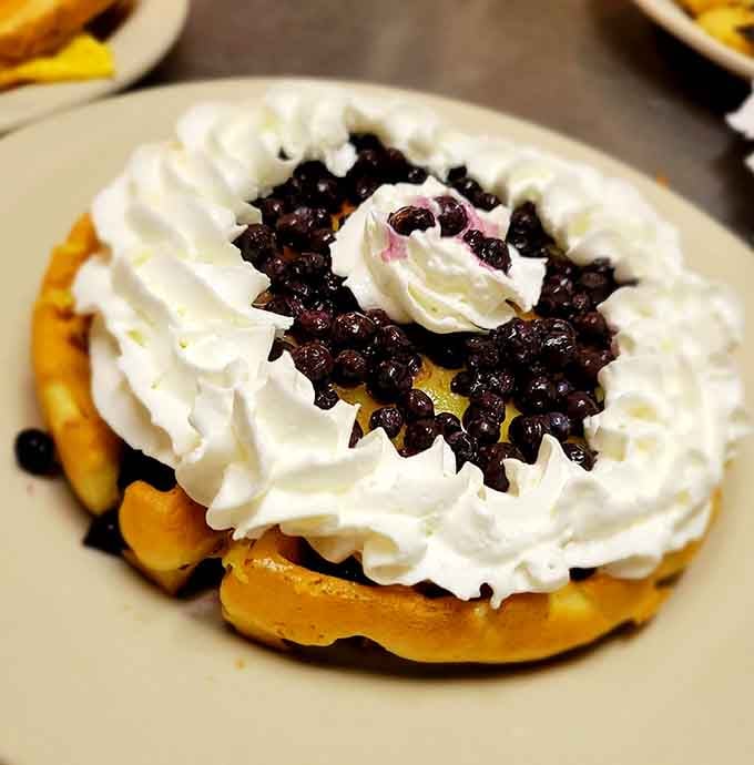 A Belgian waffle crowned with blueberries and whipped cream. This is what a standing ovation looks like on a plate.