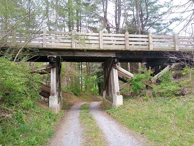 Walking under an old railroad trestle puts the whole trail in perspective. Trains once ruled here. Now you do.
