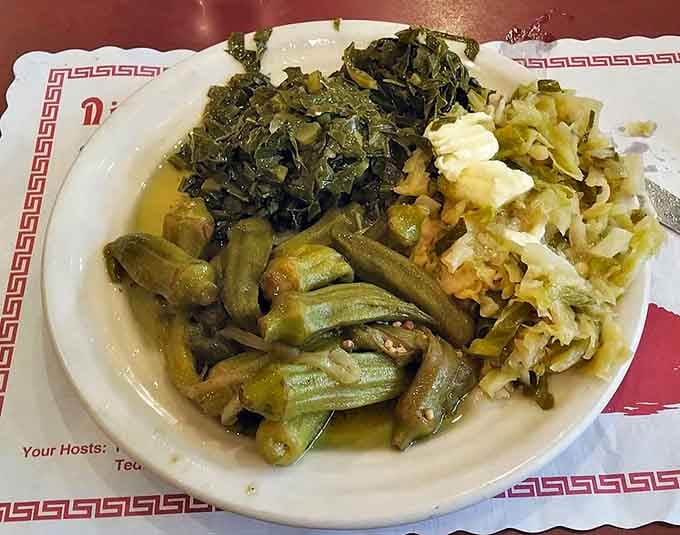 Turnip greens, cabbage, and stewed okra. Southern vegetables so good they'll make you question every salad you've ever eaten.
