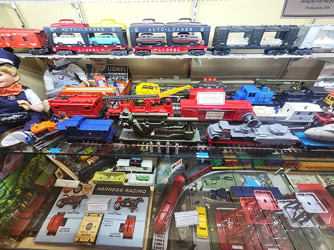 Lionel Auto-Loaders, military cars, and colorful freight sets stacked together, telling the whole colorful story of postwar American playtime.
