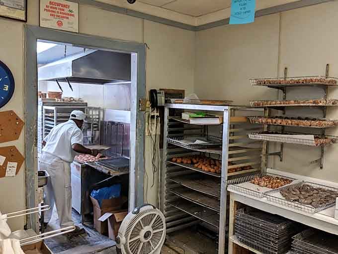 Behind that doorway, someone in white is making magic happen one tray of donuts at a time.
