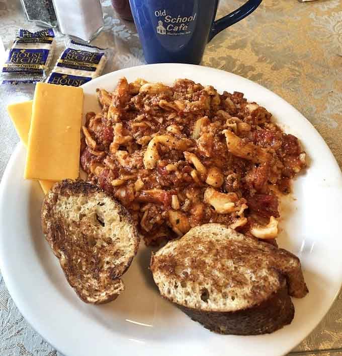 Goulash with toast and cheese slices on the side. Hearty, satisfying, and proof that lunch at Old School Cafe is no afterthought.