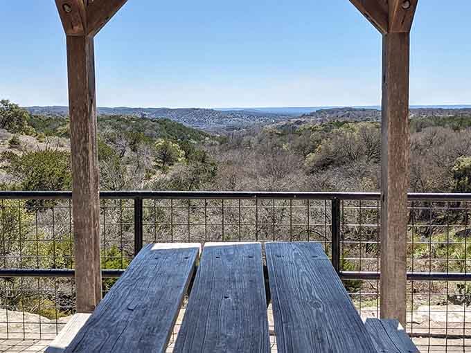 A picnic table with a Hill Country panorama as the tablecloth. Lunch with a view has never meant so much.