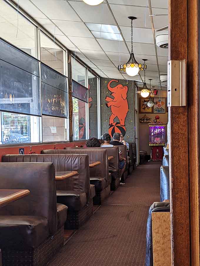 Cozy brown booths line the windows beside a bold red elephant mural, making every seat feel like the best seat.