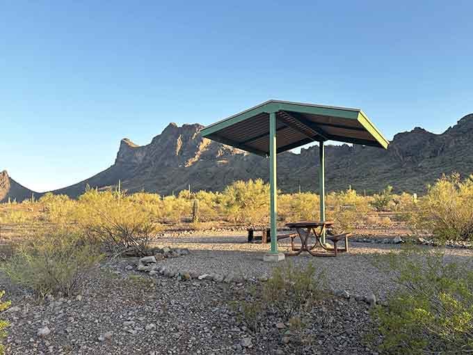 A shaded picnic table with Picacho Peak as the backdrop, the most dramatic lunch spot in Arizona.