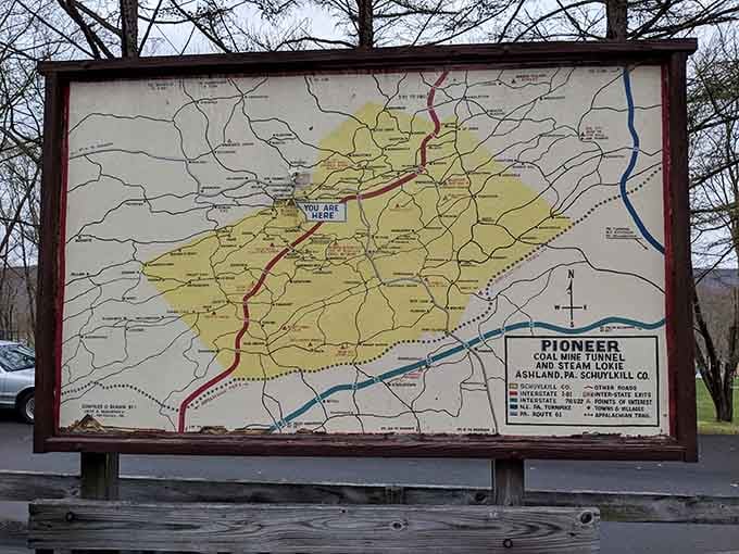 A large regional map on-site puts Pioneer Tunnel right at the center of Pennsylvania's rich anthracite coal country.