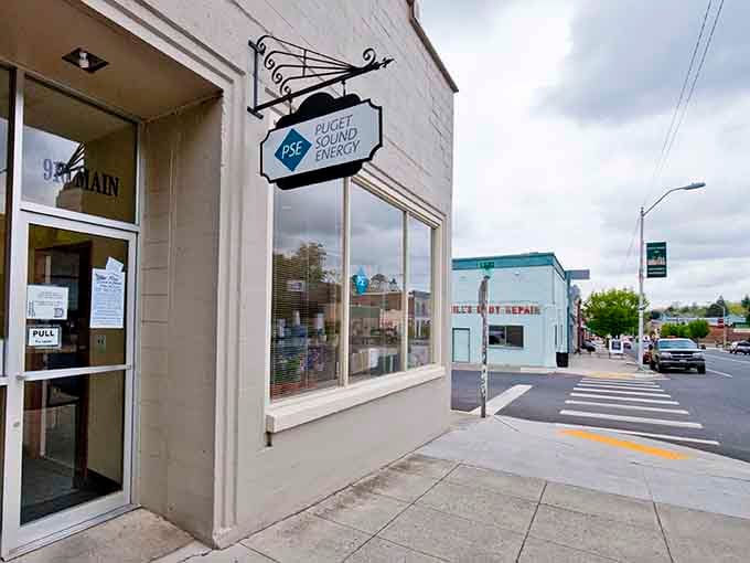 Puget Sound Energy's Main Street office anchors a corner of downtown Pomeroy, where the streetscape stretches out with that easy, unhurried small-town rhythm.