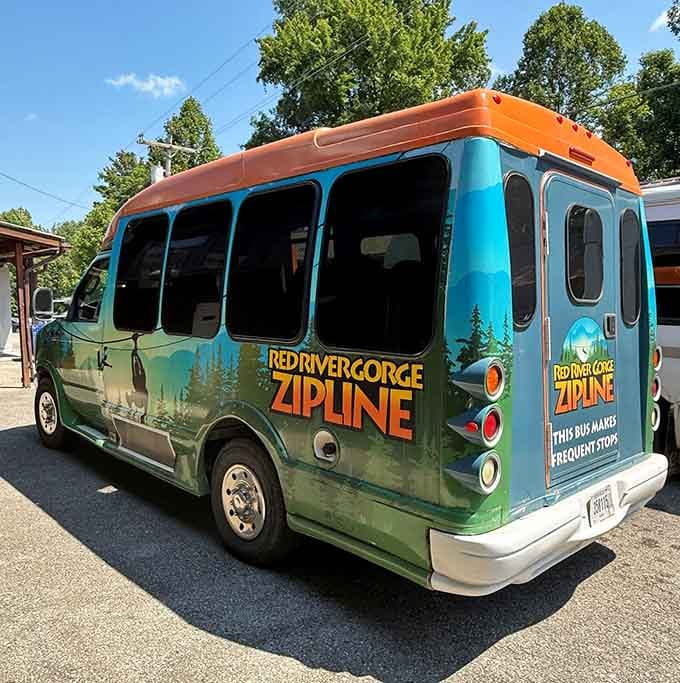 The Red River Gorge Zipline shuttle bus, cheerfully ferrying thrill-seekers toward the best decision they've made all year.